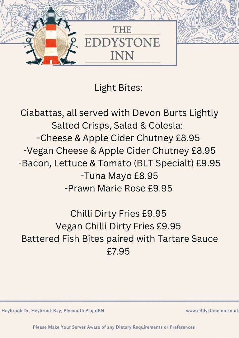 Eddystone Inn main menu Heybrook Bay Plymouth | The Eddystone Inn