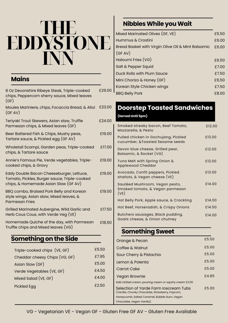 Eddystone Inn main menu Heybrook Bay Plymouth | The Eddystone Inn