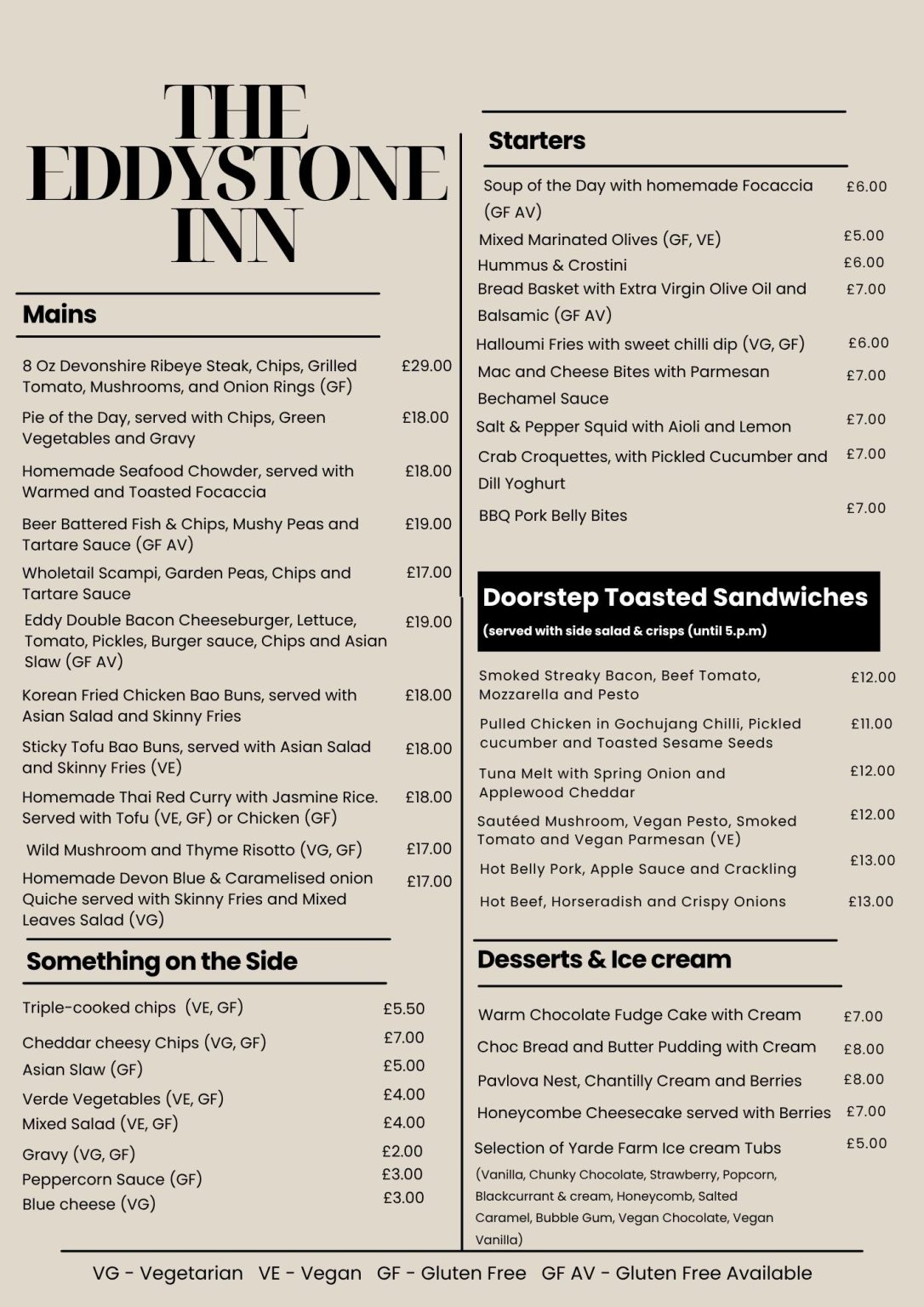 Eddystone Inn Main Menu | The Eddystone Inn