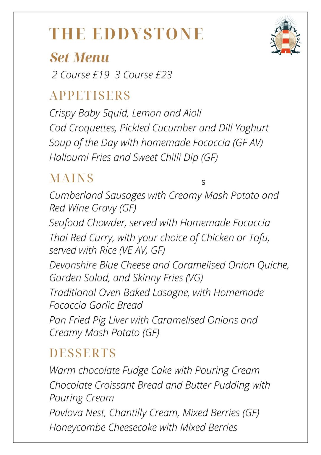 set menu final | The Eddystone Inn